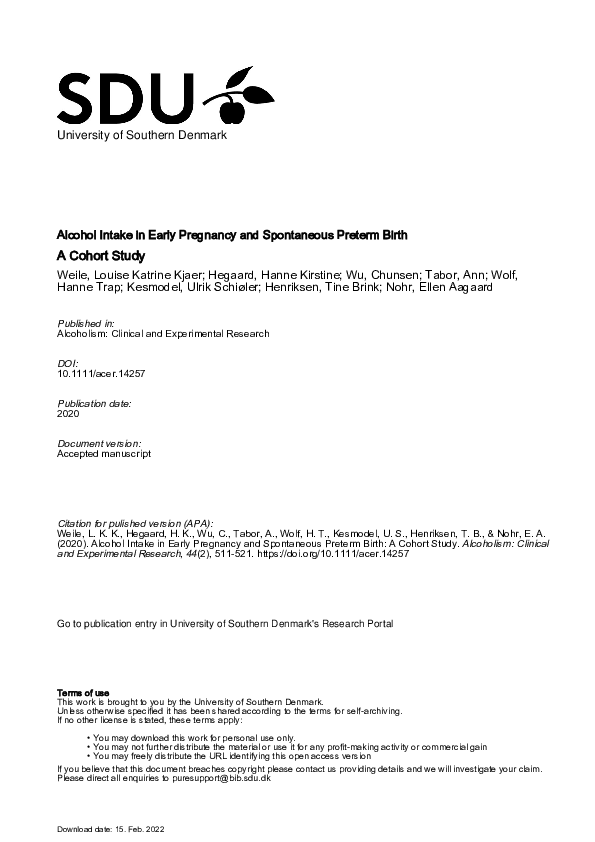 (PDF) Alcohol Intake in Early Pregnancy and Spontaneous Preterm Birth ...