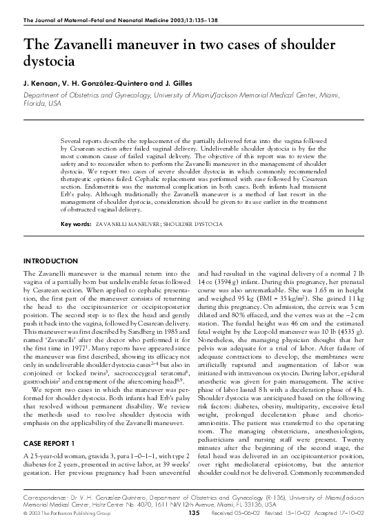 (PDF) The Zavanelli maneuver in two cases of shoulder dystocia