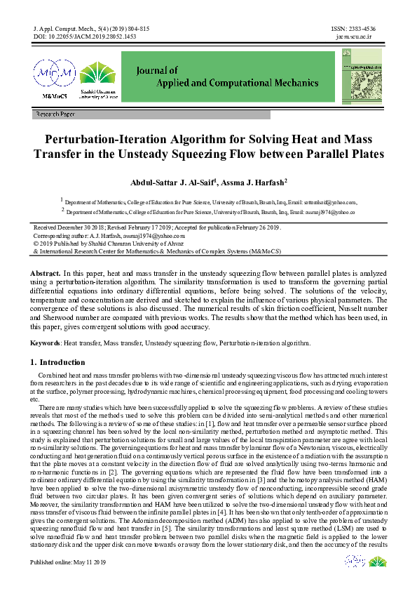 (PDF) Perturbation-Iteration Algorithm for Solving Heat and Mass Transfer in the Unsteady ...