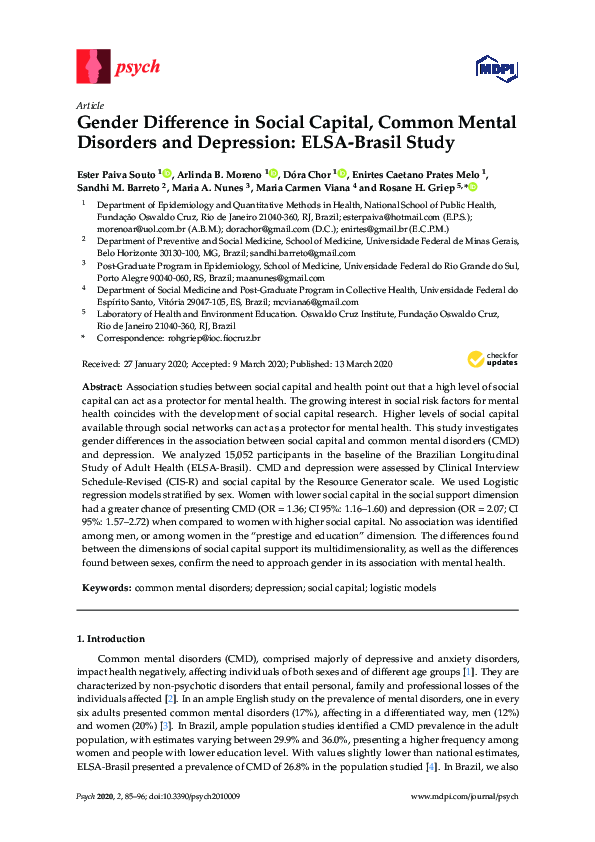 (PDF) Gender Difference in Social Capital, Common Mental Disorders and Depression: ELSA-Brasil Study