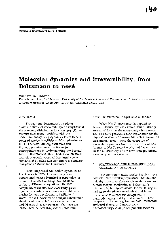 (PDF) Molecular dynamics and irreversibility, from Boltzmann to nose