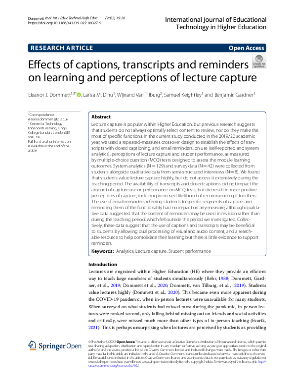 (PDF) Effects of captions, transcripts and reminders on learning and perceptions of lecture capture