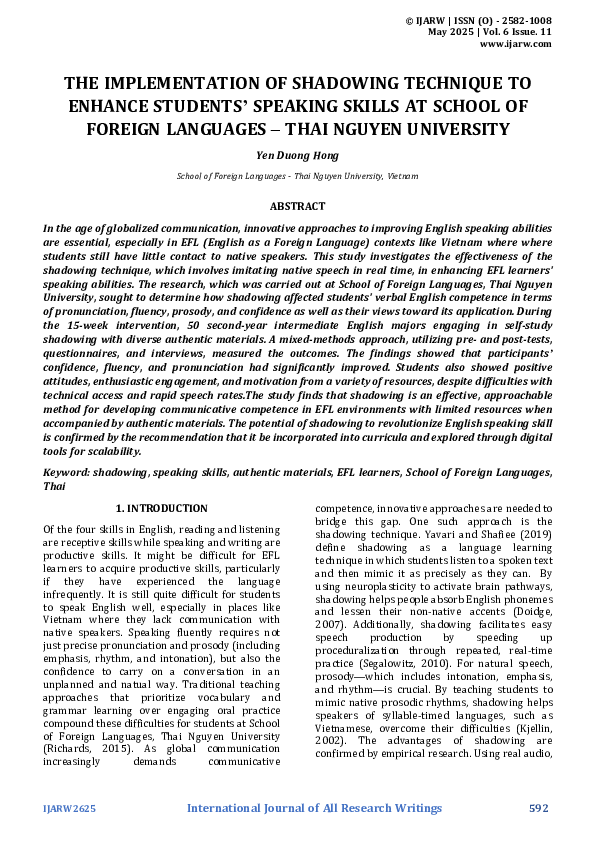 (PDF) THE IMPLEMENTATION OF SHADOWING TECHNIQUE TO ENHANCE STUDENTS' SPEAKING SKILLS AT SCHOOL ...