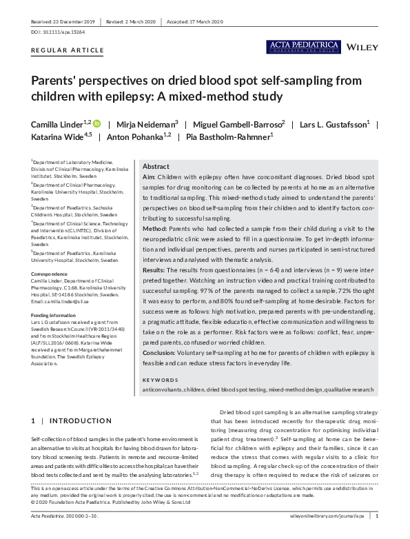 (PDF) Parents' perspectives on dried blood spot self‐sampling from ...