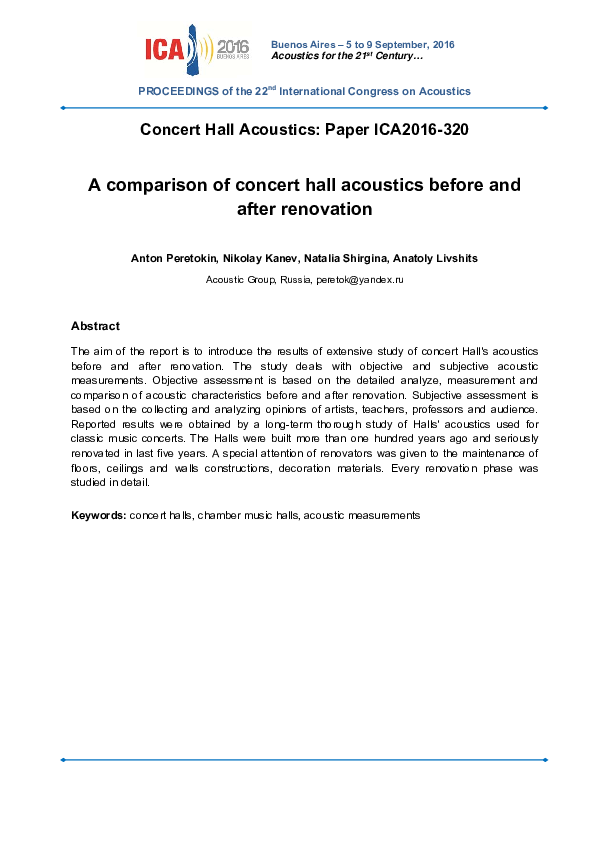 (PDF) A comparison of concert hall acoustics before and after renovation