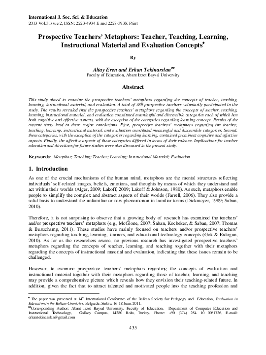 (PDF) Prospective Teachers' Metaphors: Teacher, Teaching, Learning ...