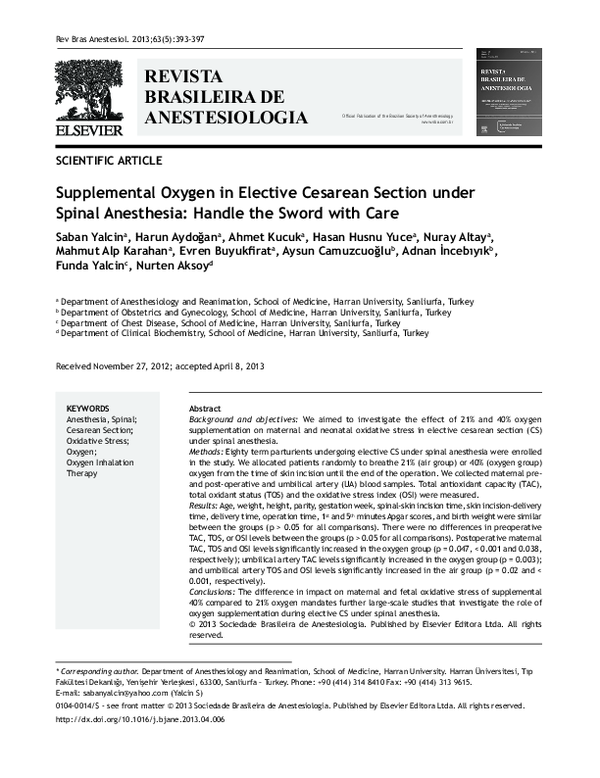 (PDF) Supplemental Oxygen in Elective Cesarean Section under Spinal ...