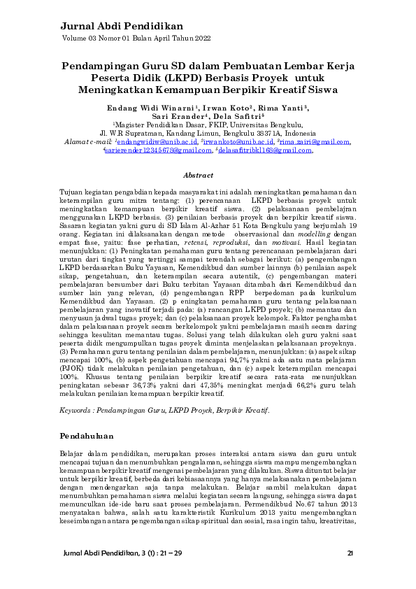(PDF) Pendampingan Guru SD dalam Pembuatan Lembar Kerja Peserta Didik (LKPD) Berbasis Proyek ...