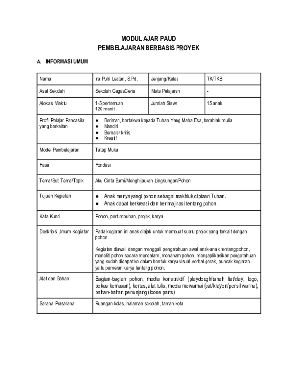 (PDF) MODUL AJAR PAUD PEMBELAJARAN BERBASIS PROYEK
