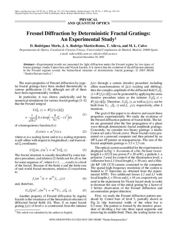 (PDF) Fresnel diffraction by deterministic fractal gratings: An experimental study