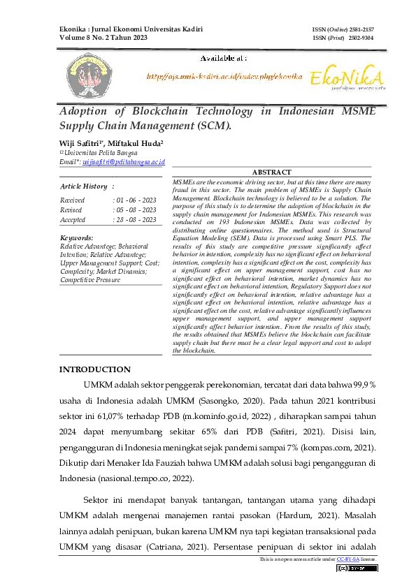 (PDF) Adoption of Blockchain Technology in Indonesian MSME Supply Chain ...