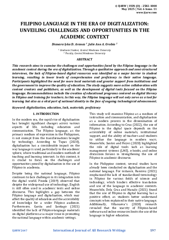(PDF) FILIPINO LANGUAGE IN THE ERA OF DIGITALIZATION: UNVEILING ...