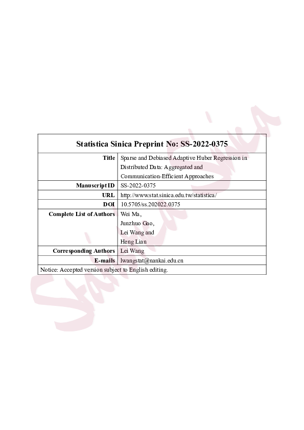 (PDF) Sparse and Debiased Adaptive Huber Regression in Distributed Data: Aggregated and ...