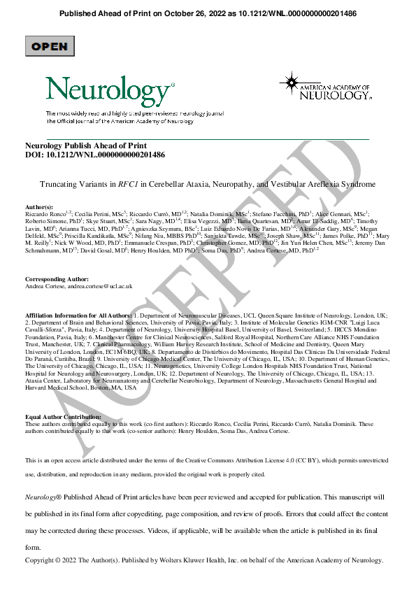 (PDF) Truncating Variants inRFC1in Cerebellar Ataxia, Neuropathy, and ...