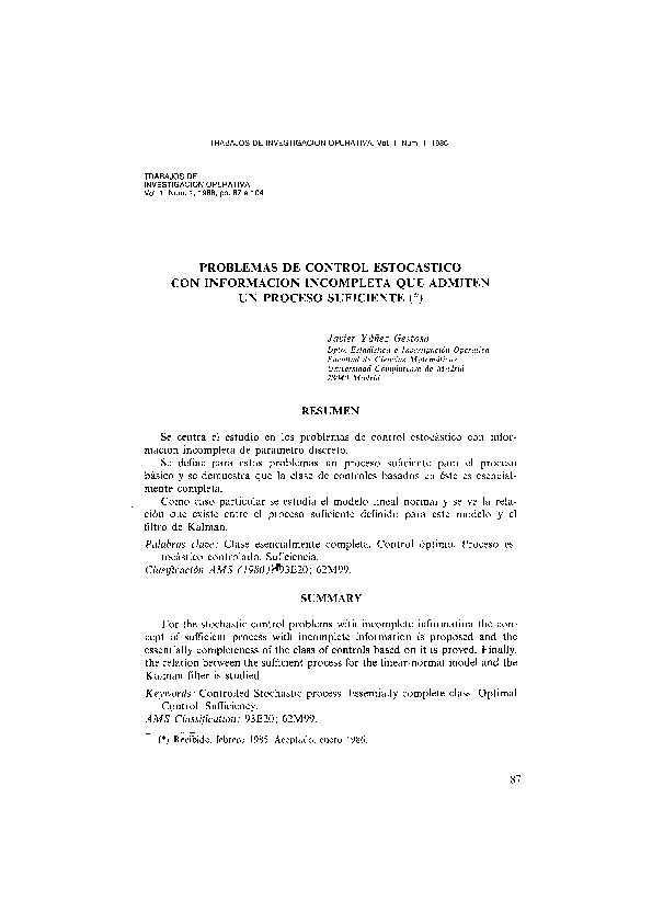 (PDF) Problemas de control estocastico con informacion incompleta que ...