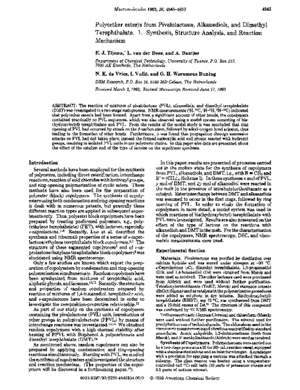 (PDF) Poly(ether esters) from pivalolactone, alkanediols, and dimethyl terephthalate. 1 ...