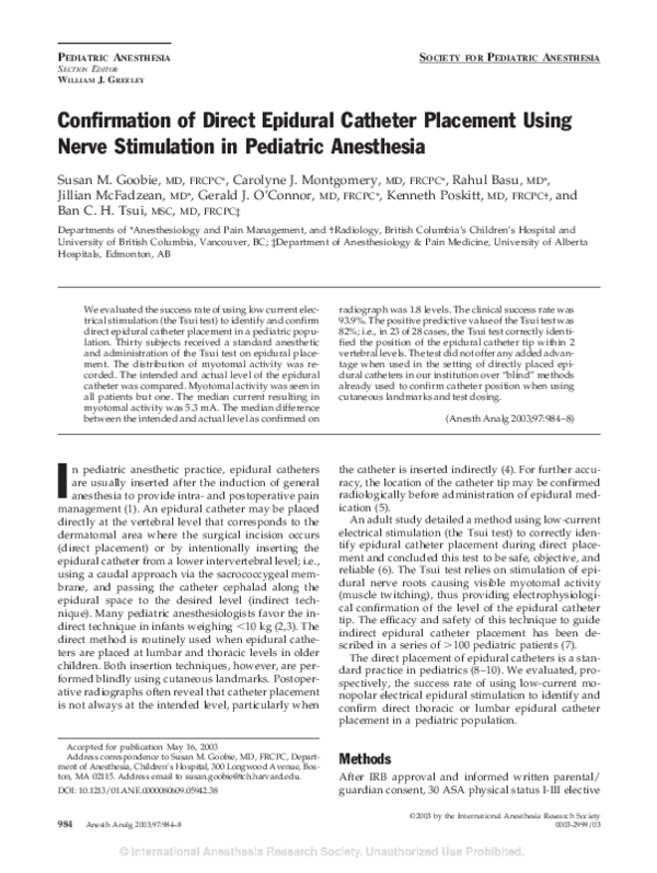 (PDF) Confirmation of Direct Epidural Catheter Placement Using Nerve ...