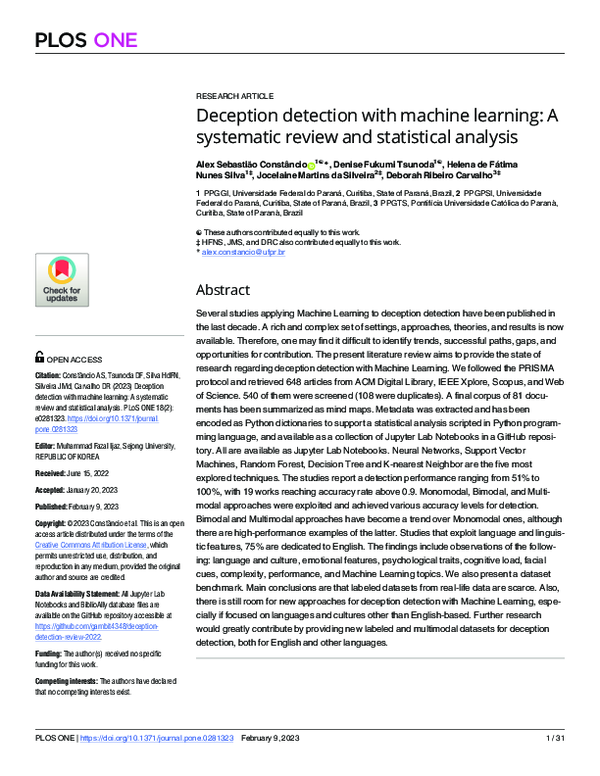 (PDF) Deception detection with machine learning: A systematic review and statistical analysis