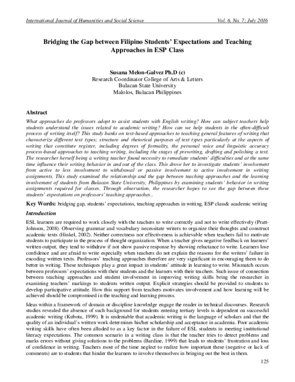 (PDF) Bridging the Gap between Filipino Students ’ Expectations and Teaching Approaches in ESP Class