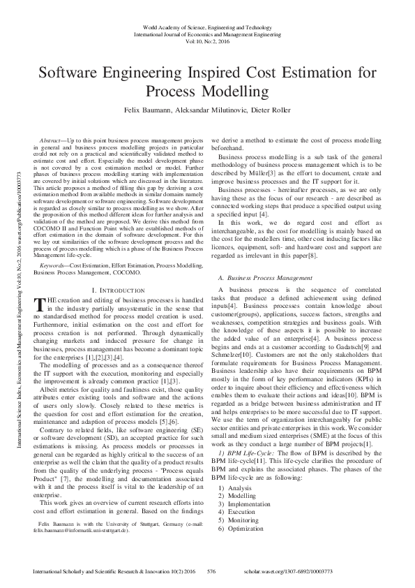 (PDF) Software Engineering Inspired Cost Estimation for Process Modelling