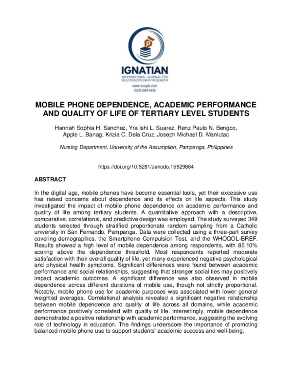 (PDF) MOBILE PHONE DEPENDENCE, ACADEMIC PERFORMANCE AND QUALITY OF LIFE ...