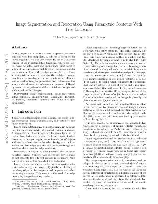 (PDF) Image Segmentation Using Parametric Contours With Free Endpoints