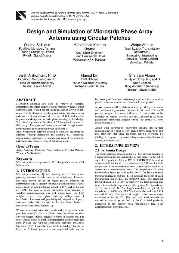 (PDF) Design and Simulation of Microstrip Phase Array Antenna using Circular Patches
