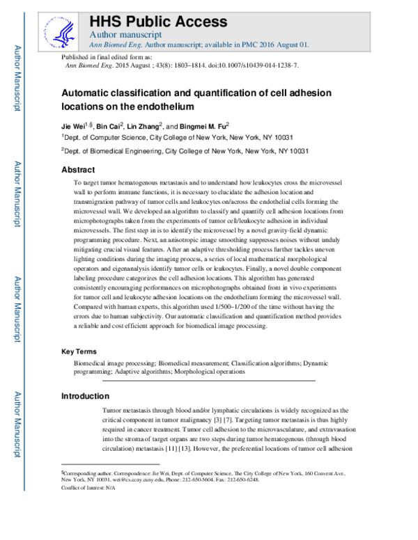 (PDF) Automatic Classification and Quantification of Cell Adhesion Locations on the Endothelium