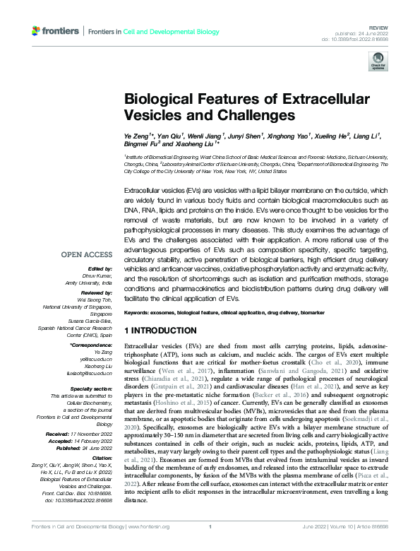 (PDF) Biological Features of Extracellular Vesicles and Challenges