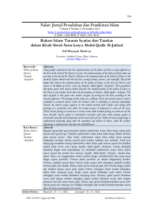 (PDF) Rukun Islam Tataran Syariat dan Tarekat dalam Kitab Sirrul Asrar karya Abdul Qadir Al-Jailani