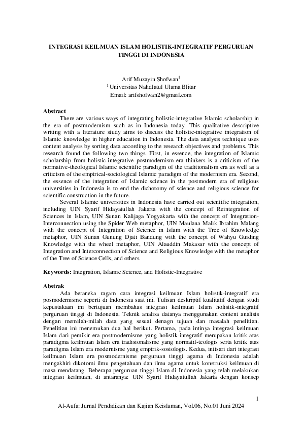 (PDF) Integrasi Keilmuan Islam Holistik-Integratif Perguruan Tinggi DI Indonesia