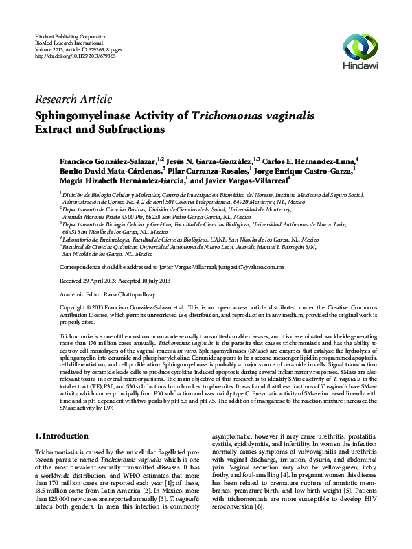 (PDF) Sphingomyelinase Activity ofTrichomonas vaginalisExtract and ...