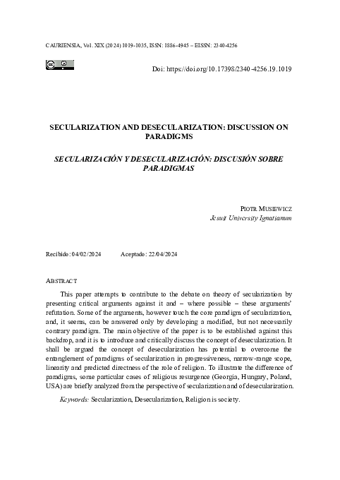 (PDF) SECULARIZATION AND DESECULARIZATION: DISCUSSION ON PARADIGMS SECULARIZACIÓN Y ...