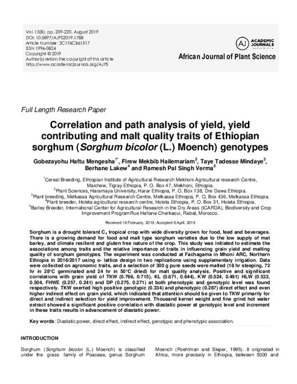 (PDF) Correlation and path analysis of yield, yield contributing and malt quality traits of ...
