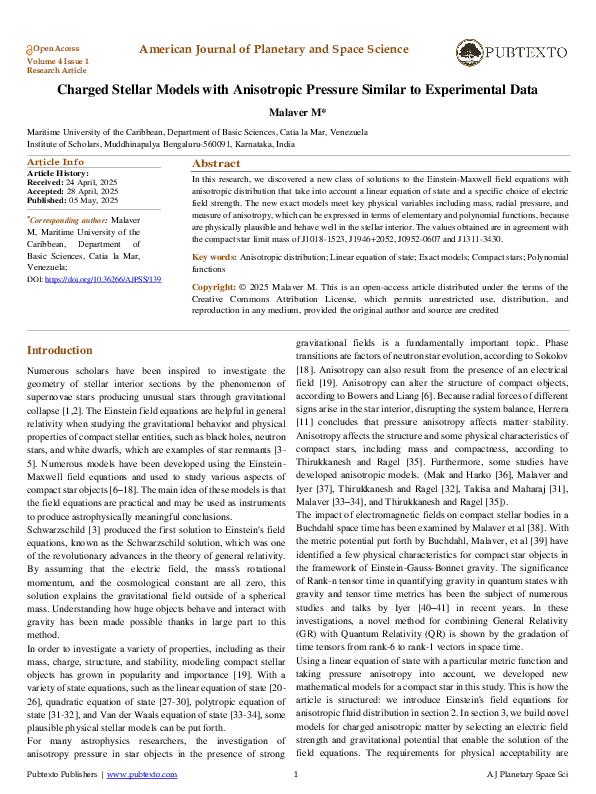 (PDF) Charged Stellar Models with Anisotropic Pressure Similar to ...