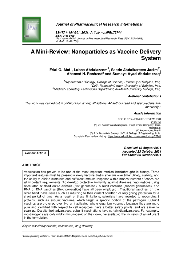 (PDF) A Mini-Review: Nanoparticles as Vaccine Delivery System