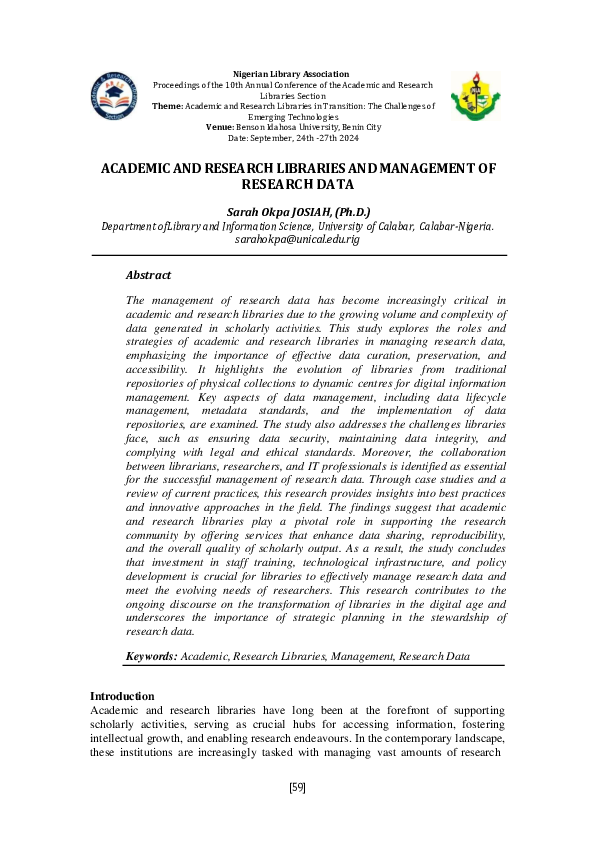 (PDF) ACADEMIC AND RESEARCH LIBRARIES AND MANAGEMENT OF RESEARCH DATA