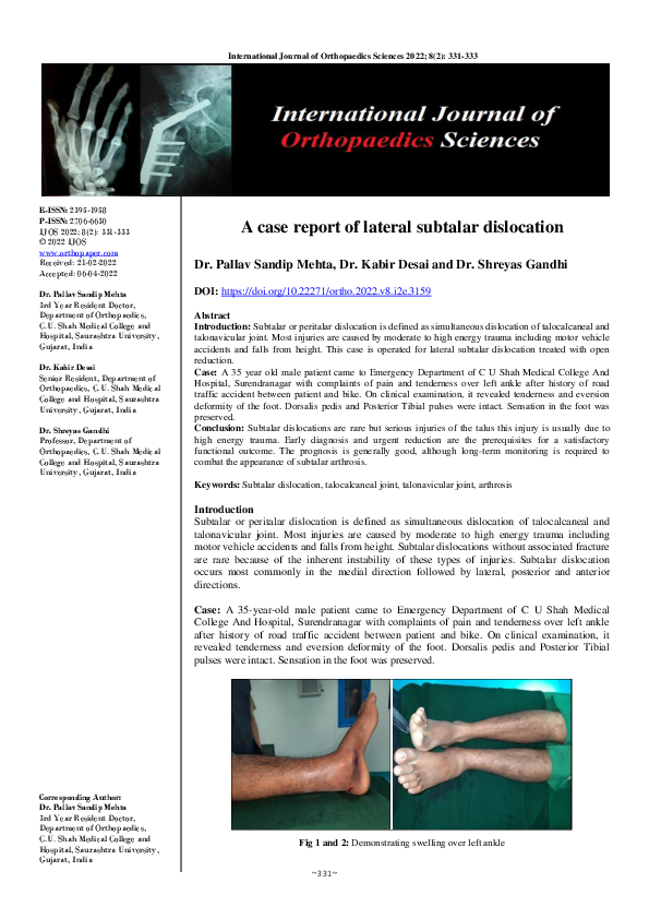 (PDF) A case report of lateral subtalar dislocation
