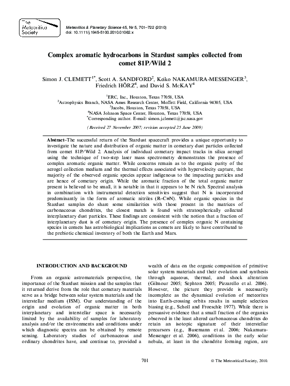 (PDF) Complex aromatic hydrocarbons in Stardust samples collected from ...