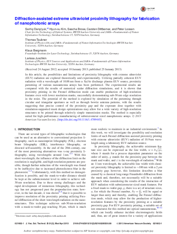 (PDF) Diffraction-assisted extreme ultraviolet proximity lithography ...