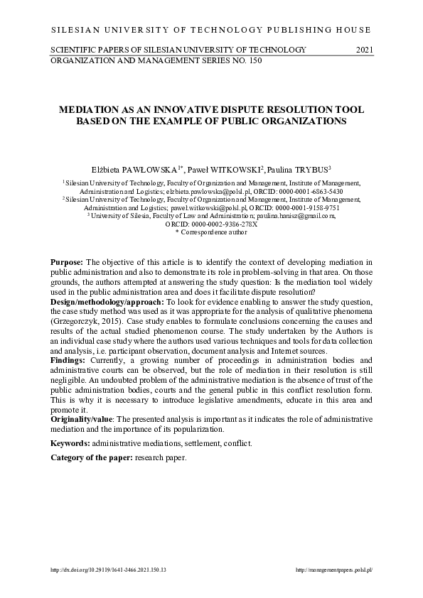 (PDF) Mediation as an innovative dispute resolution tool based on the ...