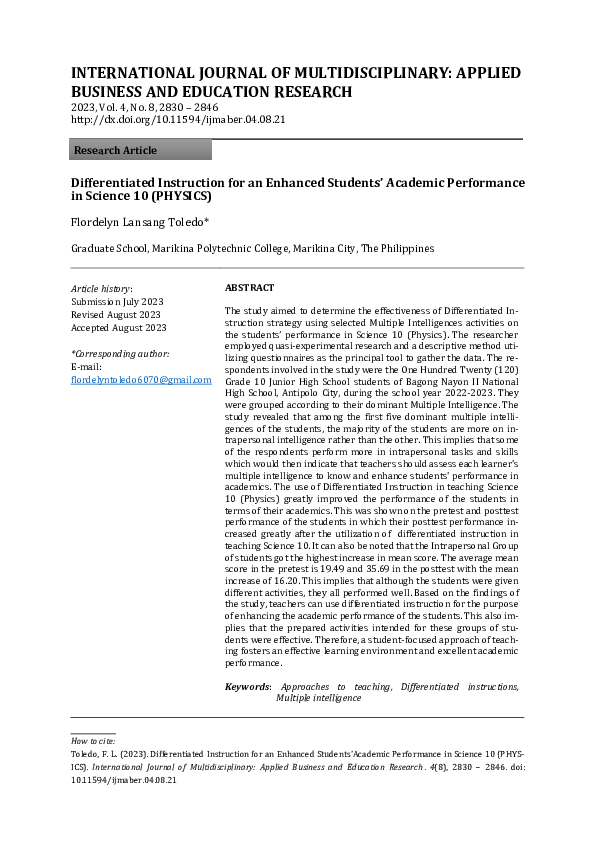 (PDF) Differentiated Instruction for an Enhanced Students’Academic ...