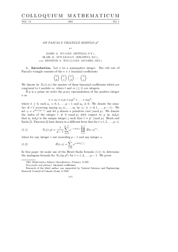 (PDF) On Pascal's triangle modulo $p^2$