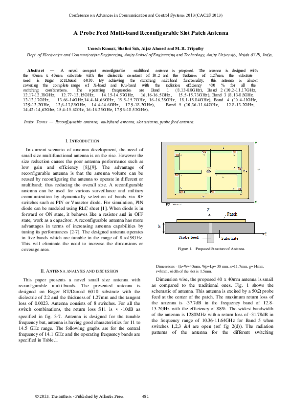 (PDF) A Probe Feed Multi-band Reconfigurable Slot Patch Antenna