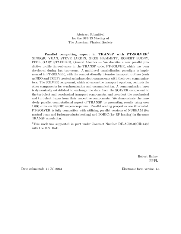 (PDF) Parallel computing aspect in TRANSP with PT-SOLVER