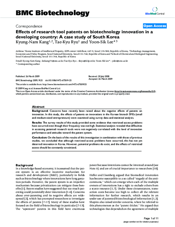 (PDF) Effects of research tool patents on biotechnology innovation in a ...