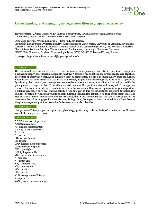 (PDF) Understanding and managing nitrogen nutrition in grapevine: a review