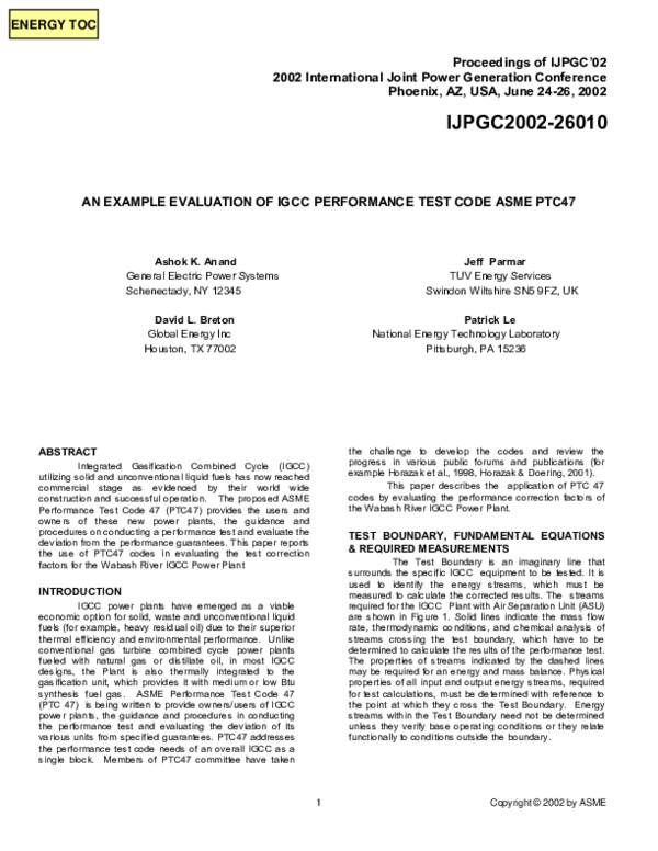 (PDF) An Example Evaluation of IGCC Performance Test Code ASME PTC47