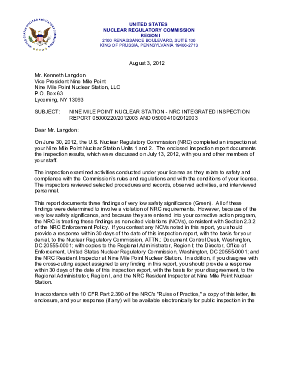 (PDF) Nine Mile Point Nuclear Station- NRC Integrated Inspection