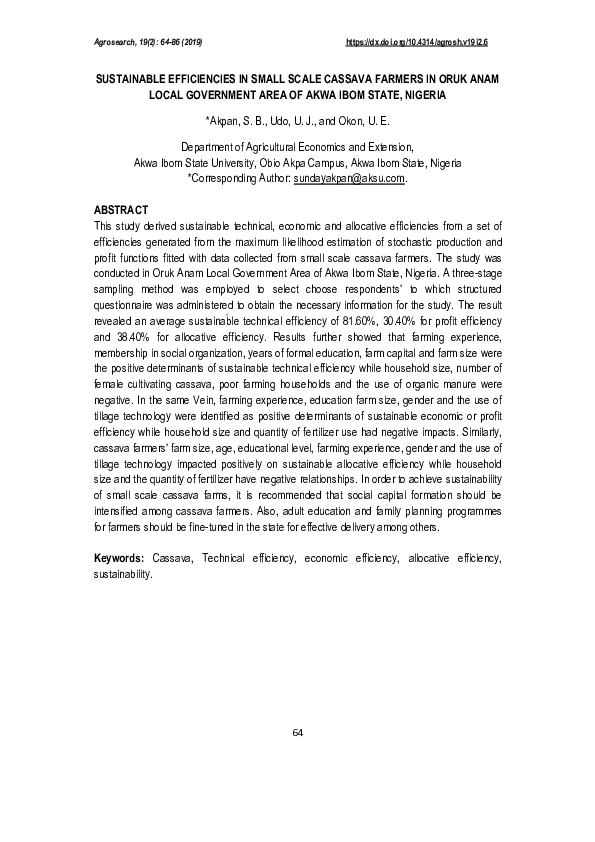 (PDF) Sustainable efficiencies in small scale cassava farmers in Oruk ...